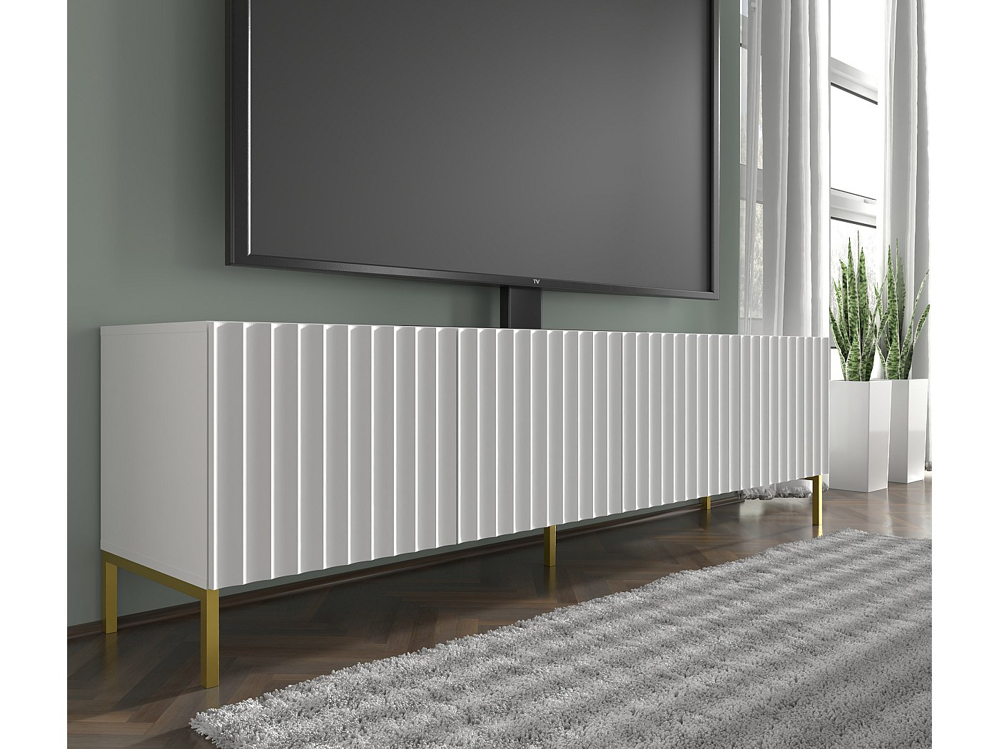 Mobile TV WAVE 200 cm 4D fresato bianco opaco piedi in metallo dorato