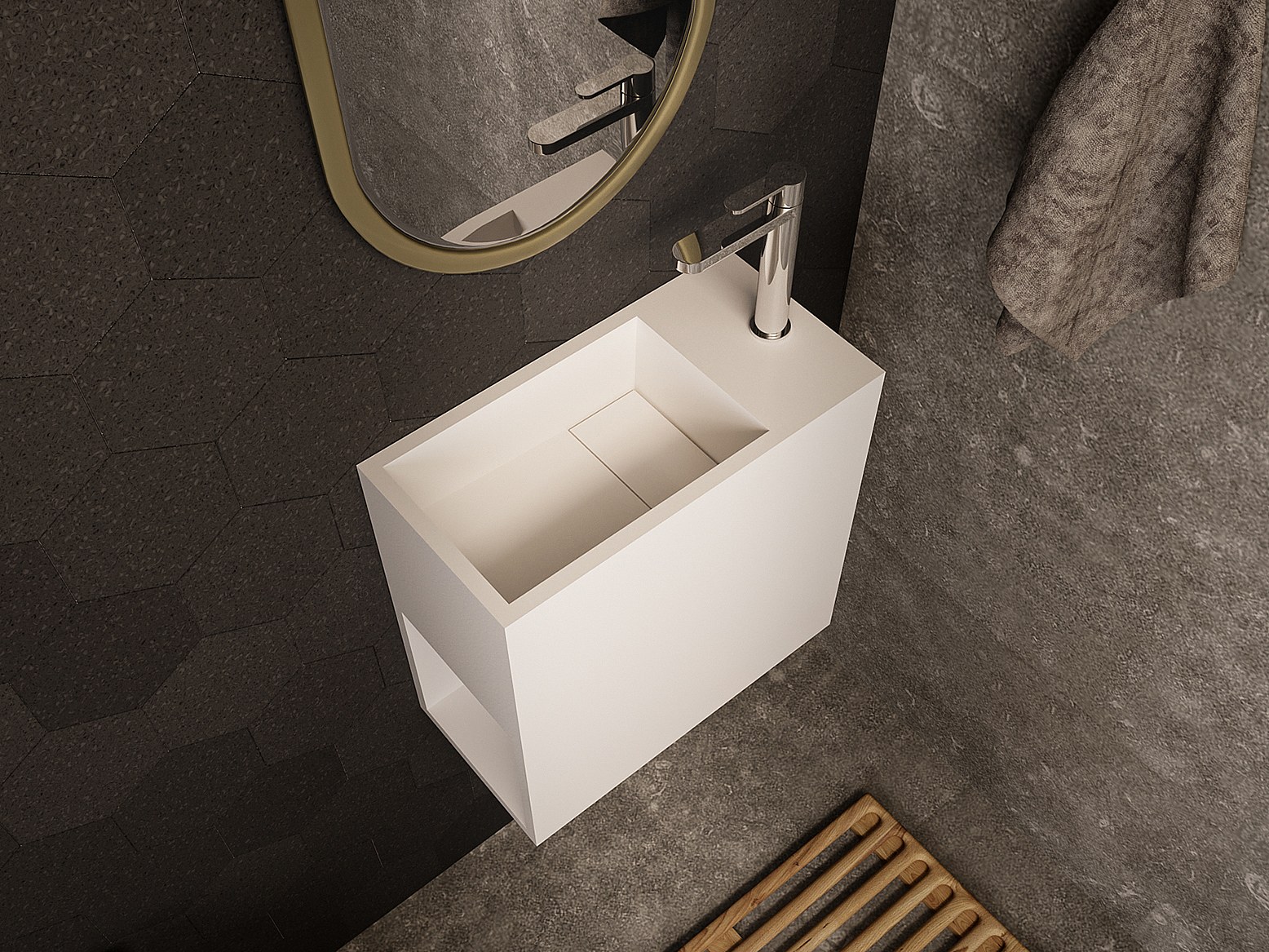 Móvel lavatório suspenso em solid surface com nicho 40 cm - PUMORI