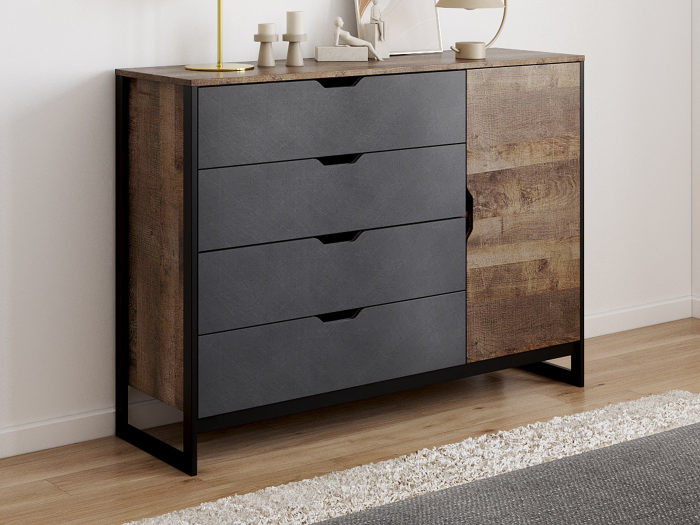 Commode - 1 porte et 4 tiroirs - Noyer et anthracite - LAONILE