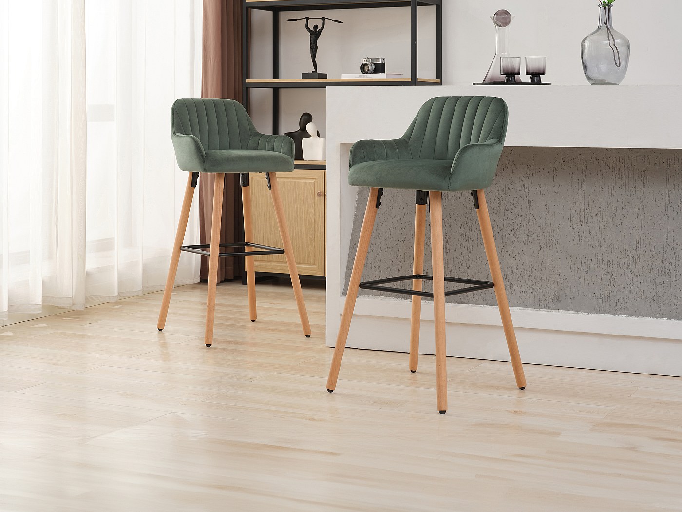 Lot de 2 tabourets de bar en velours et pieds bois de hêtre - Vert ...