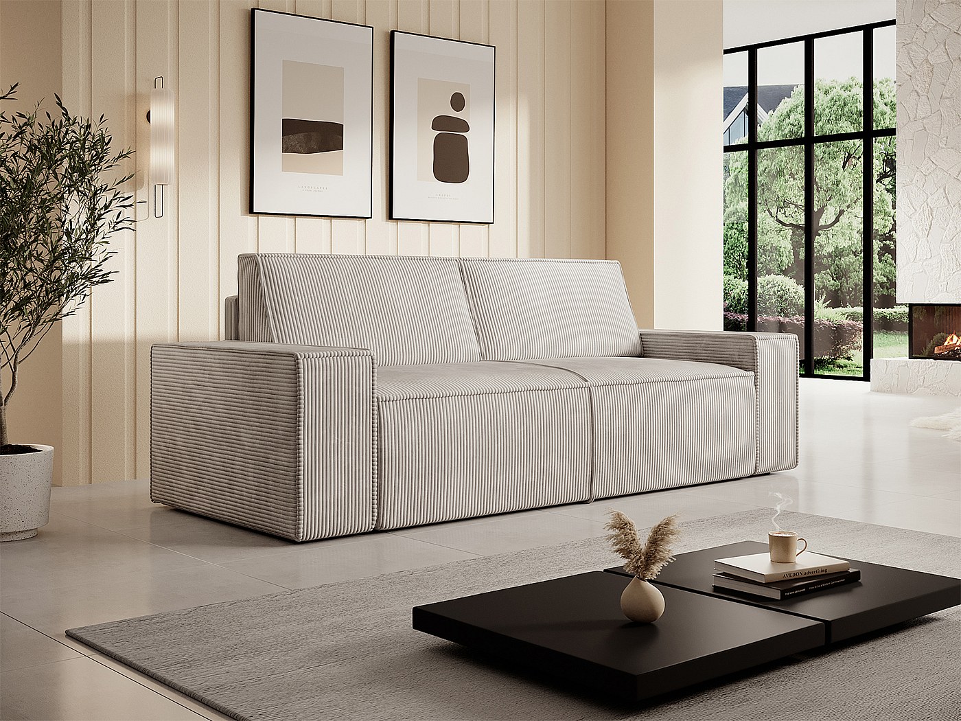 Zitbank – 3 plaatsen – Beige ribfluweel – Design – AMELIA