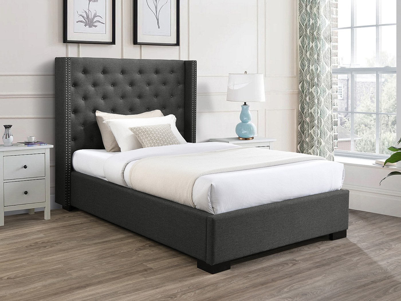 Bed 120 x 200 cm met hoofdbord met capitons van grijze stof - MASSIMO