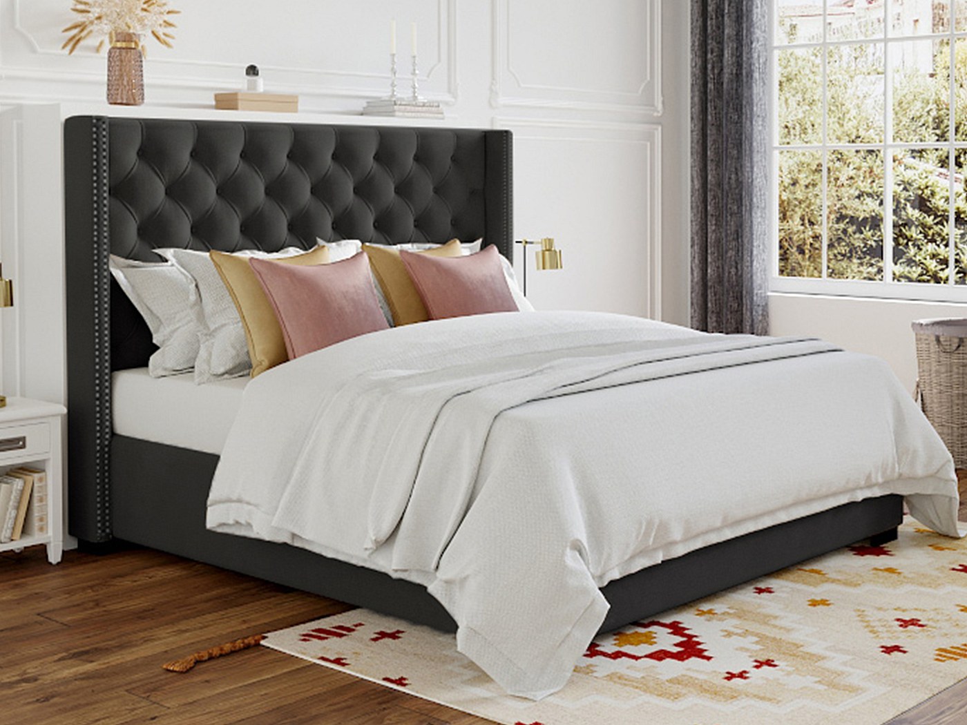 Lit queen size 160 x 200 cm avec tête de lit capitonnée en tissu gris ...