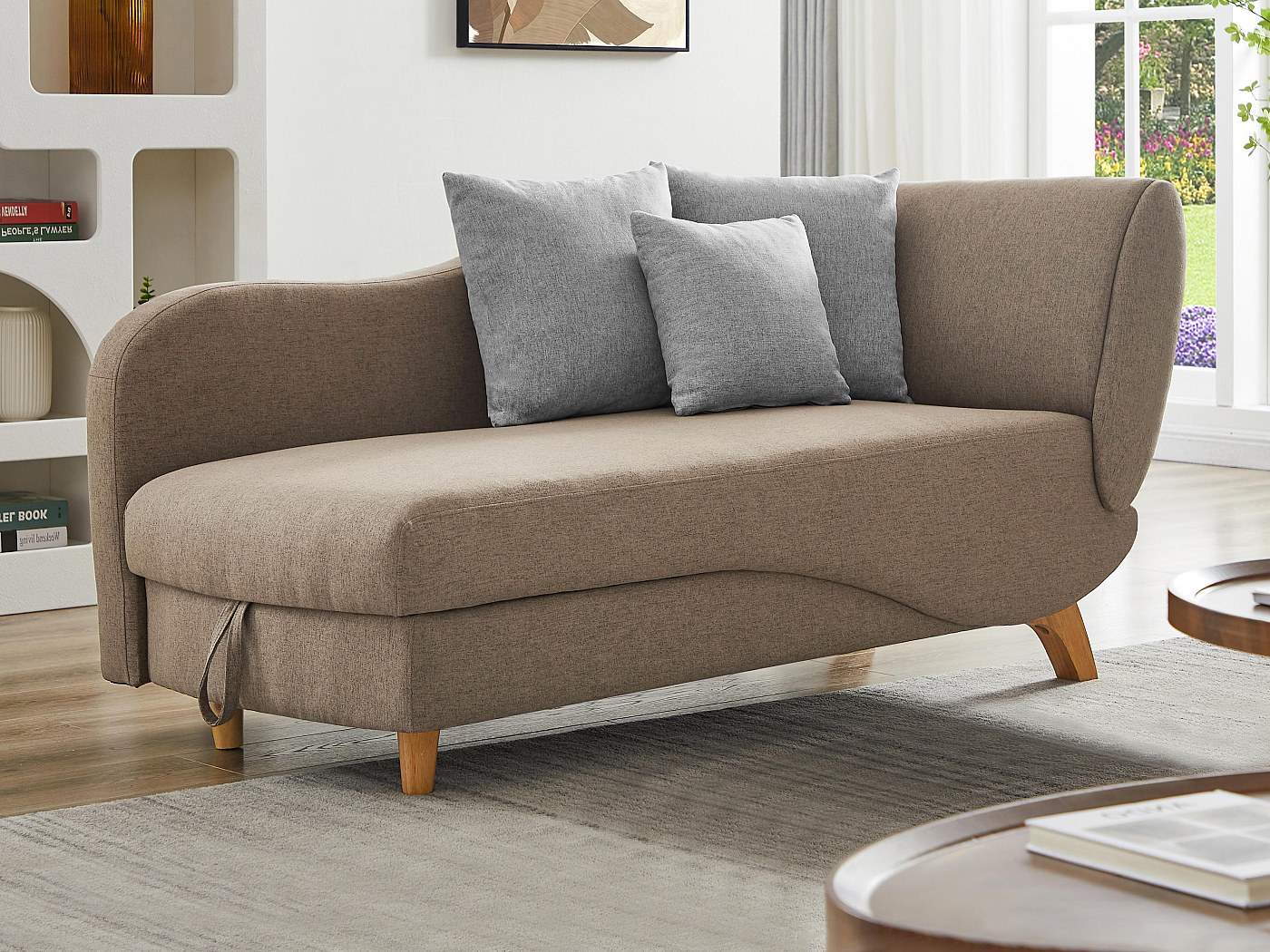 Méridienne gauche convertible en tissu marron avec coussins gris PENELOPE