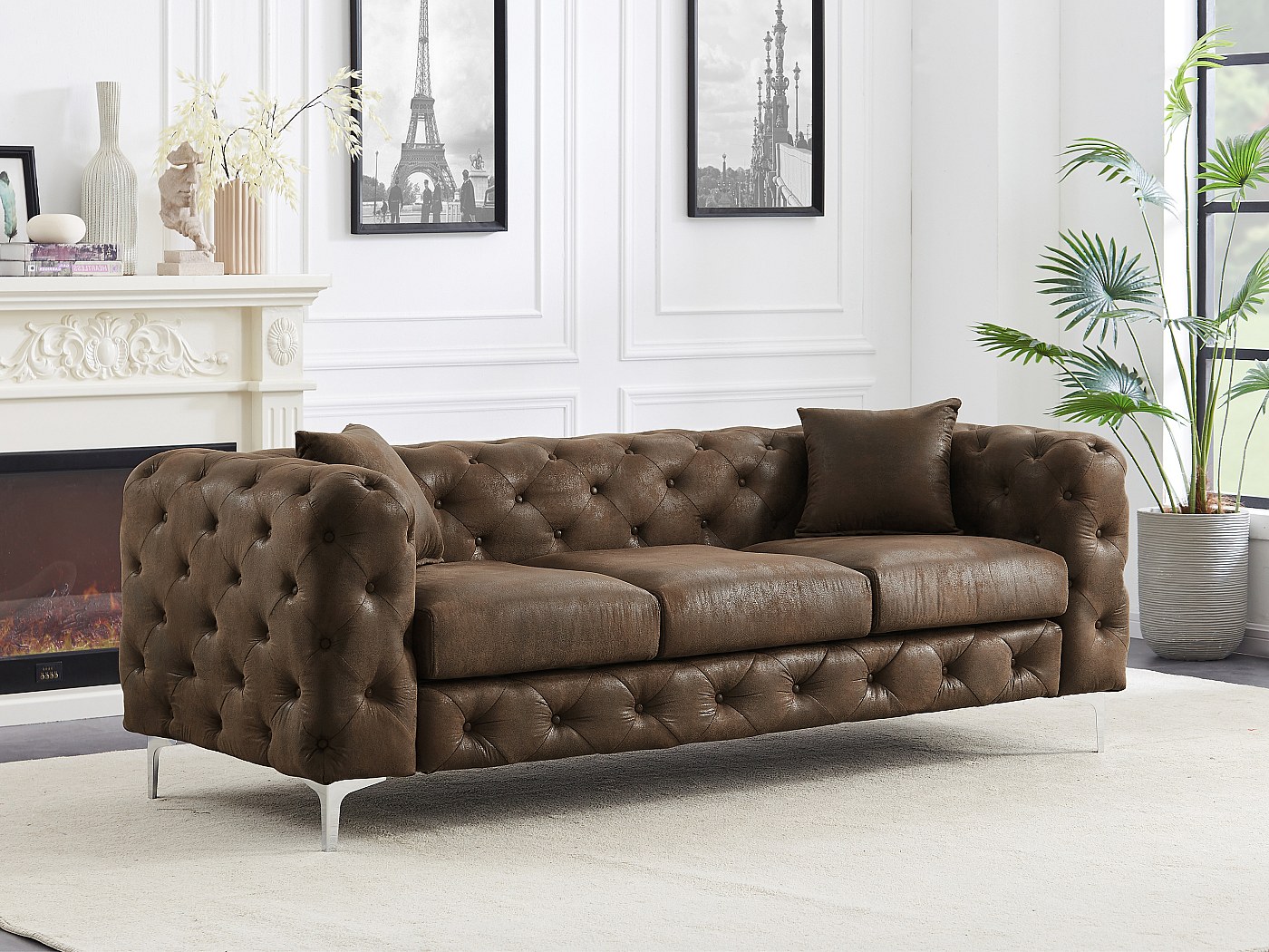 Canapé 3 places chesterfield en microfibre aspect cuir vieilli ...