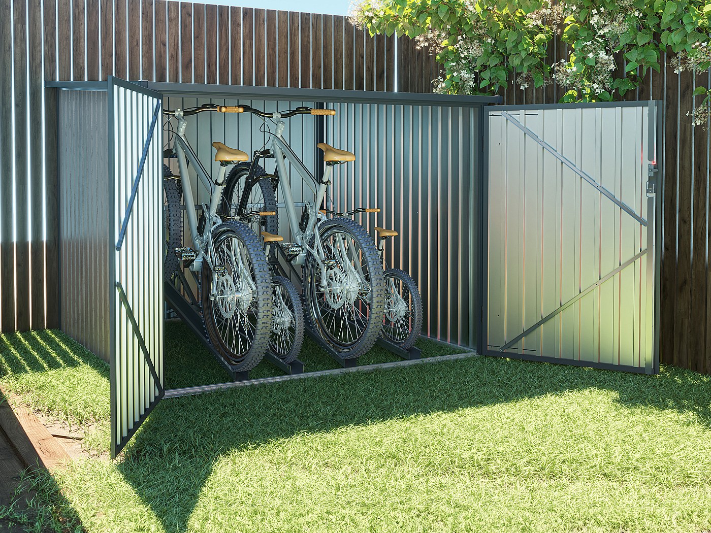 Fietsberging van metaal en staal met houteffect 4m² voor 4 fietsen NIKI