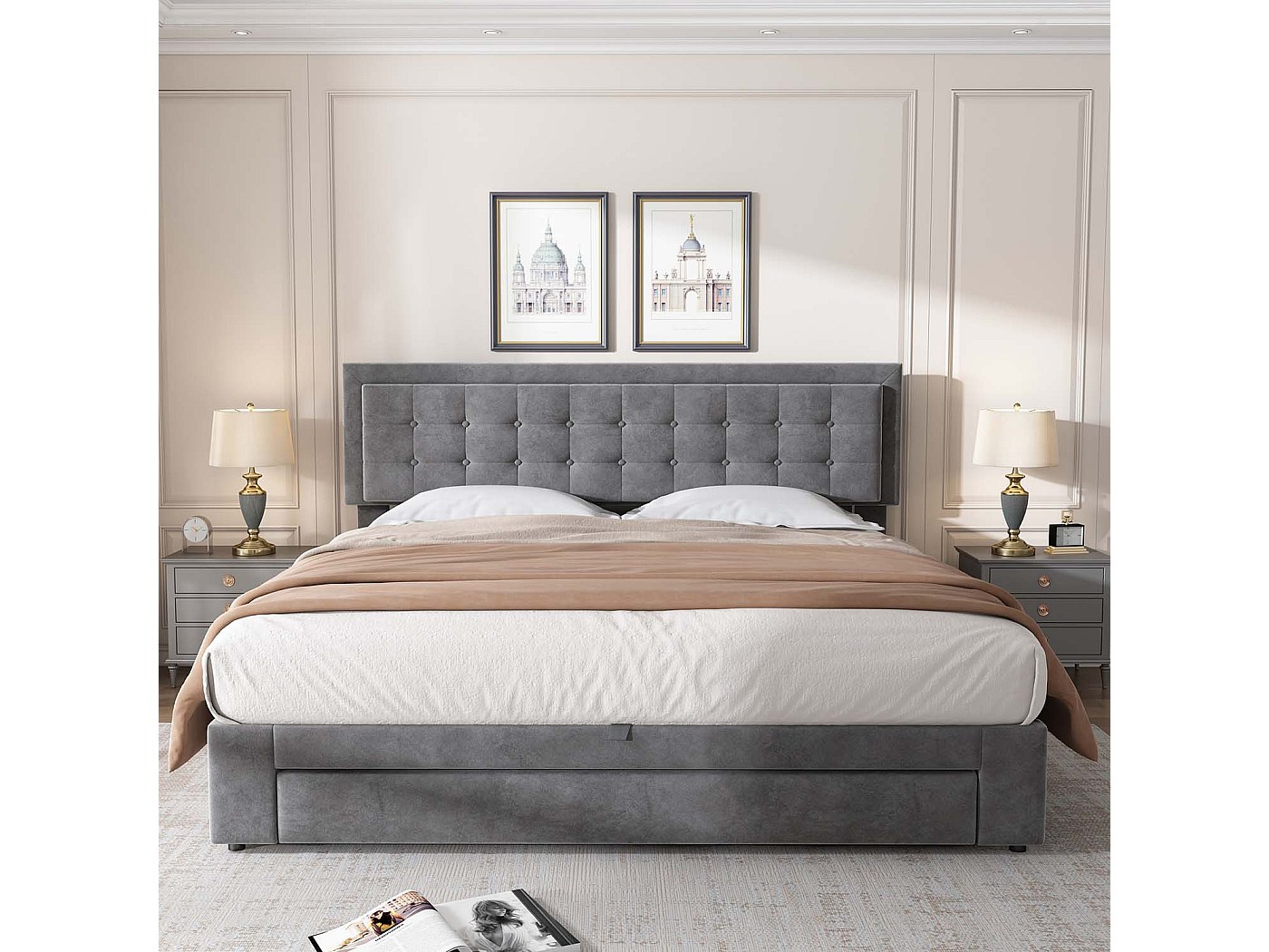 Cama contenedor acolchada 180x200cm en terciopelo con cajón + somier ...