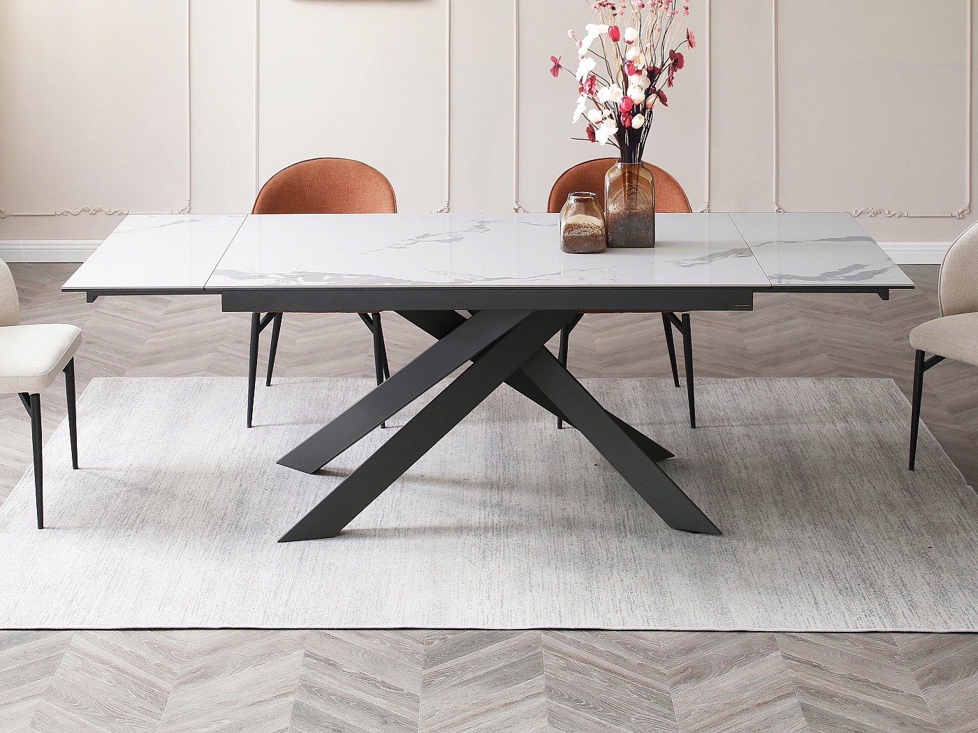 Table extensible - Céramique, verre trempé et métal - Marbre blanc et ...