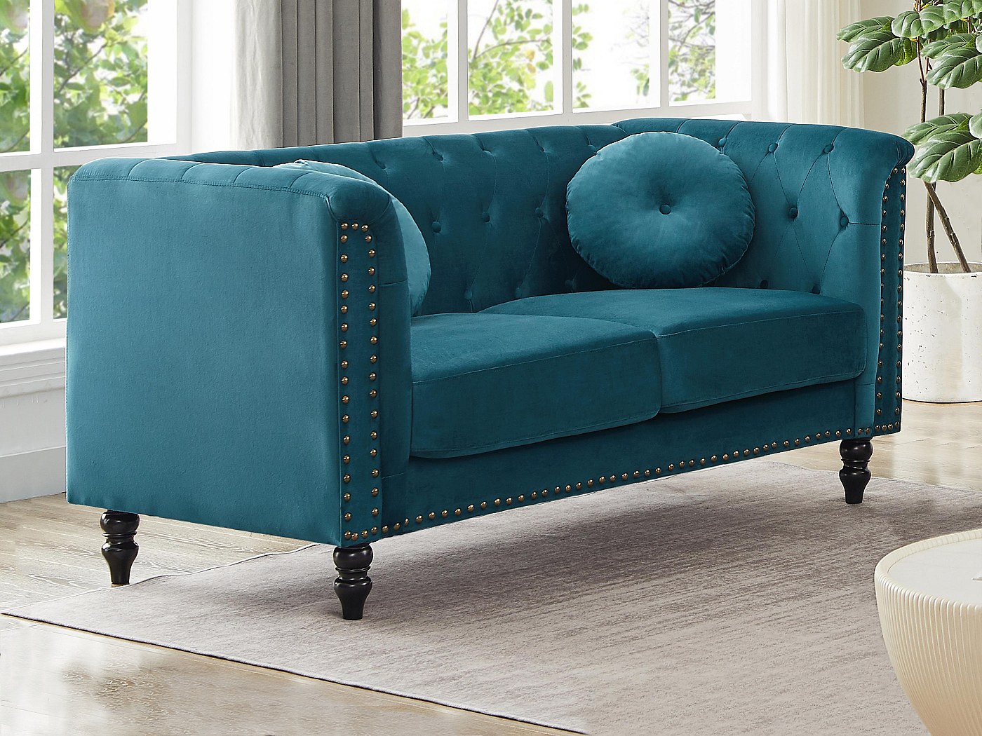 Sofá de 2 lugares em veludo azul-esverdeado estilo charme TURNER