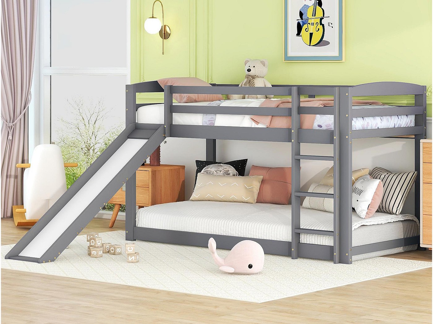 Grenen stapelbed met valbeveiliging + ladder + glijbaan - 90x200cm - Grijs