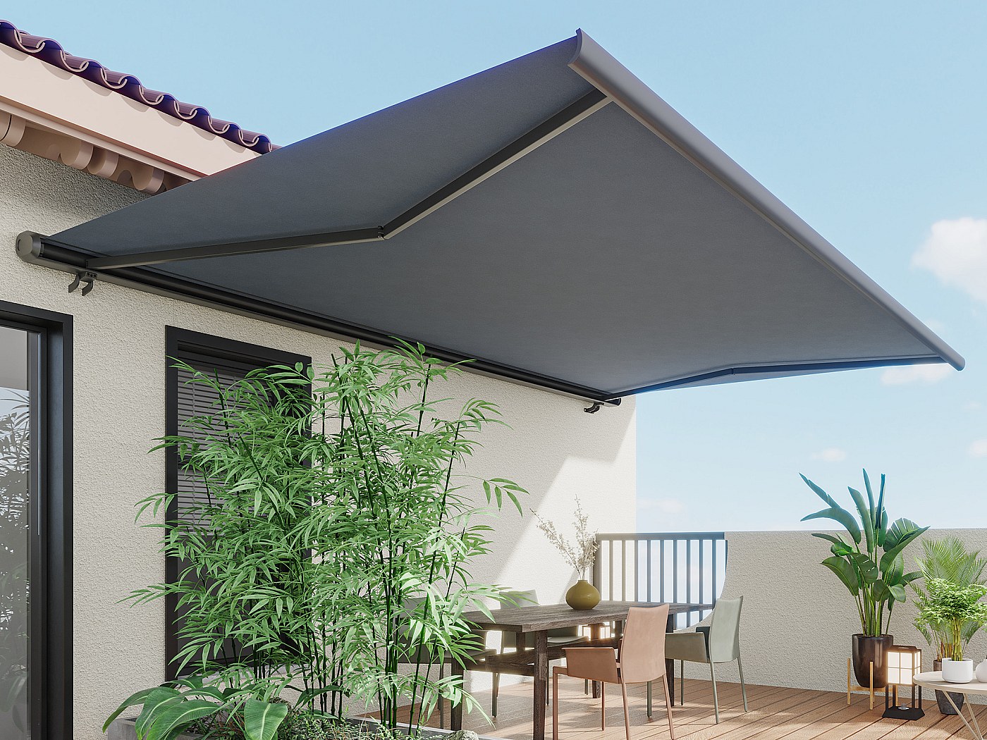 Store banne motorisé avec coffre intégral 5 x 3 m anthracite CONSTELA