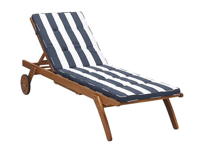 Transat de jardin en bois avec coussin en tissu à rayures bleu marine ...