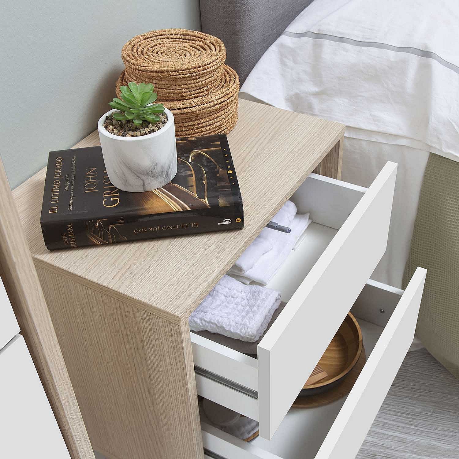 Comodino Denia 2 cassetti Colore Rovere/Bianco, 45 cm (Larghezza) 33 cm ...