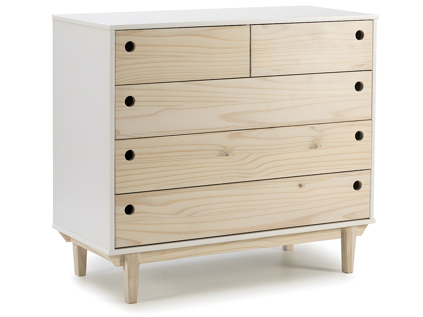 Commode Roma avec 5 tiroirs en Couleur Blanc, Pieds et façades en Bois ...