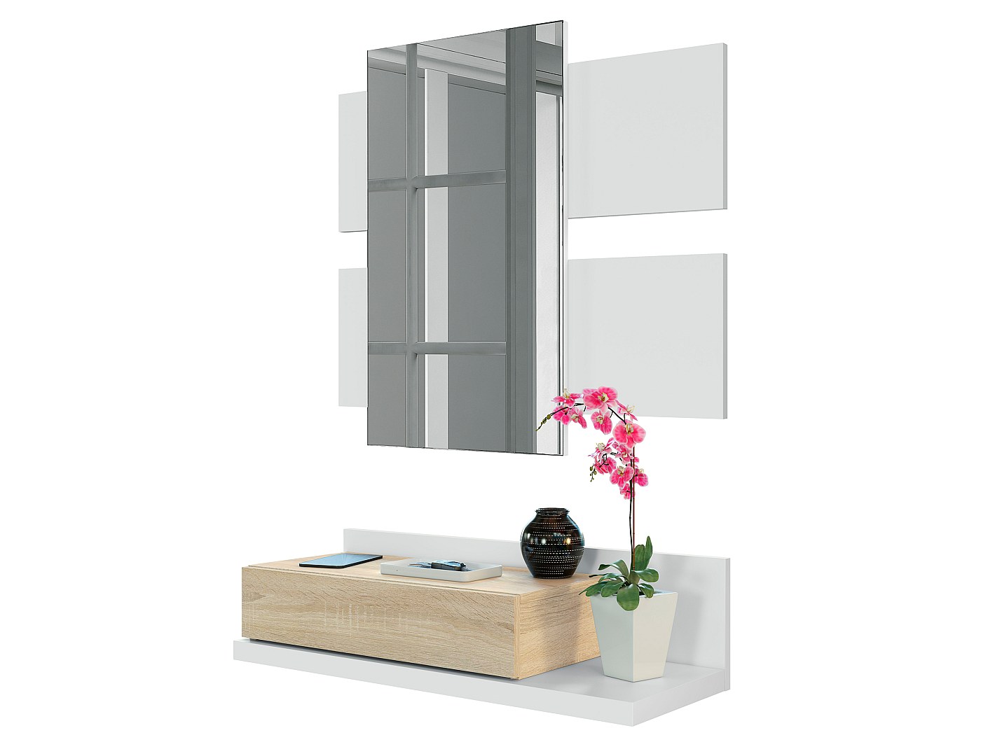 Meuble d'entrée Telma avec 1 tiroir et Miroir Blanc/Chêne, 75 cm Largeur