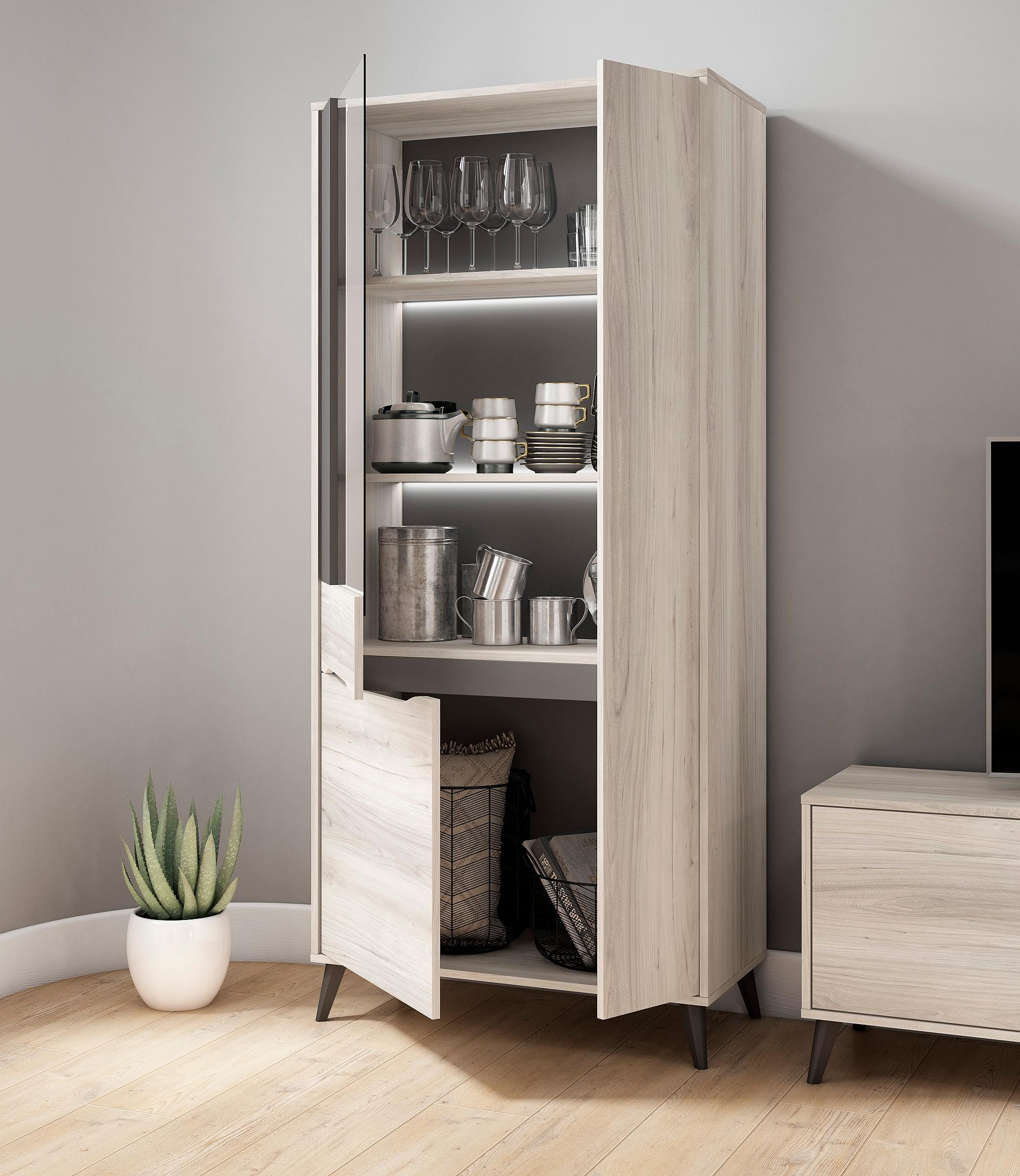 Vitrine 3 portes, Ilumination LED inclus, Couleur Chêne, Gris. Mesures ...