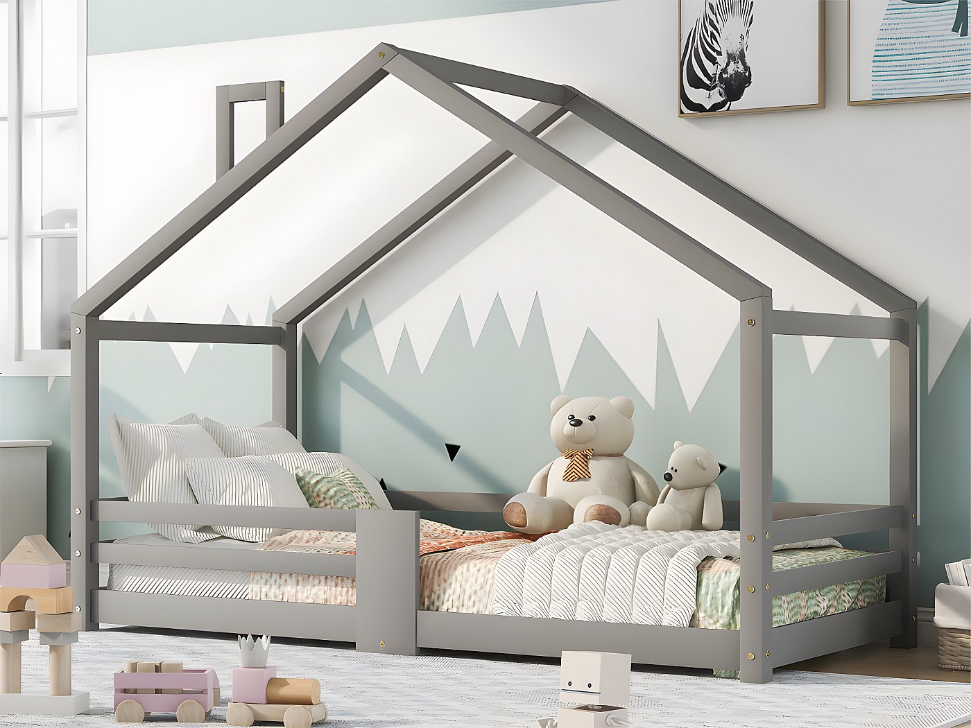 Lit cabane avec grille de protection - 90x200cm - bois massif - gris