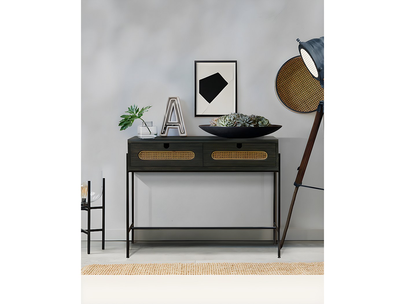 Sanaa - Console noir 2 tiroirs en bois massif de Mindy et cannage