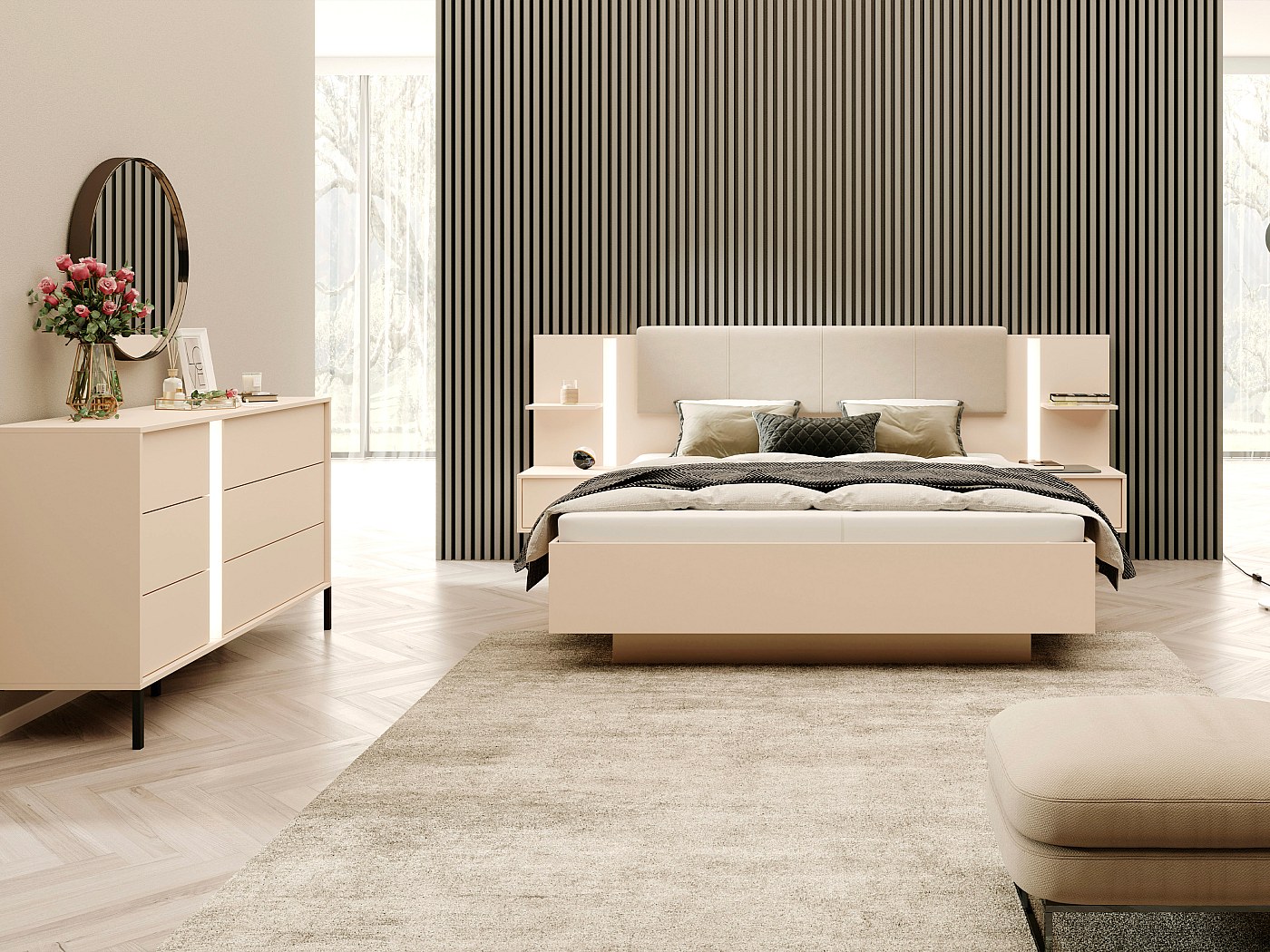 Lit coffre avec chevets 160 x 200 cm en coloris beige avec LEDs ...