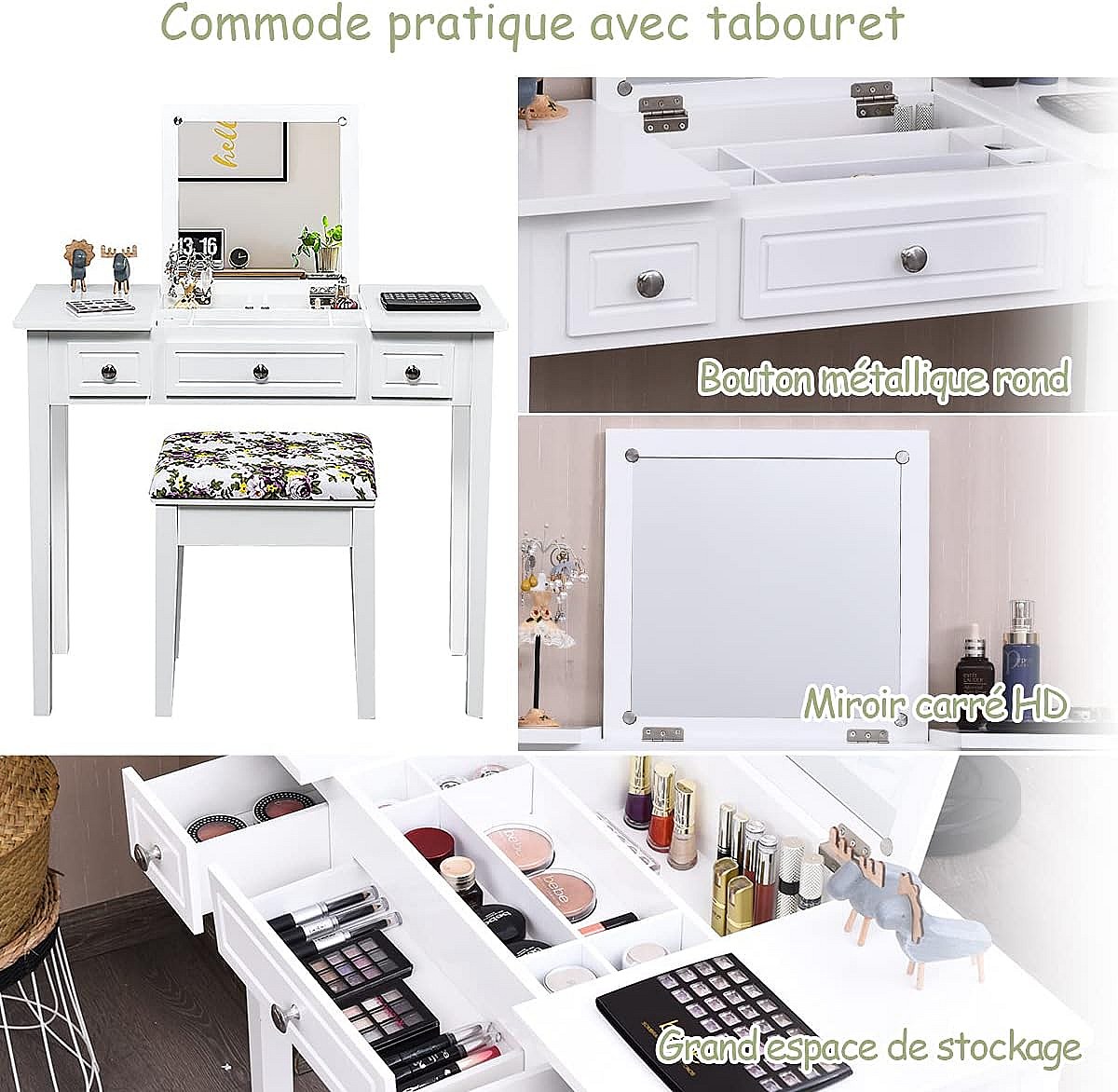 Coiffeuse,table de maquillage avec miroir rabattable, 3 tiroirs
