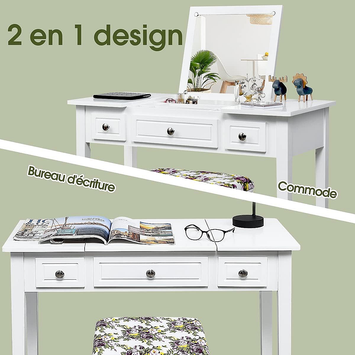 Coiffeuse,table de maquillage avec miroir rabattable, 3 tiroirs
