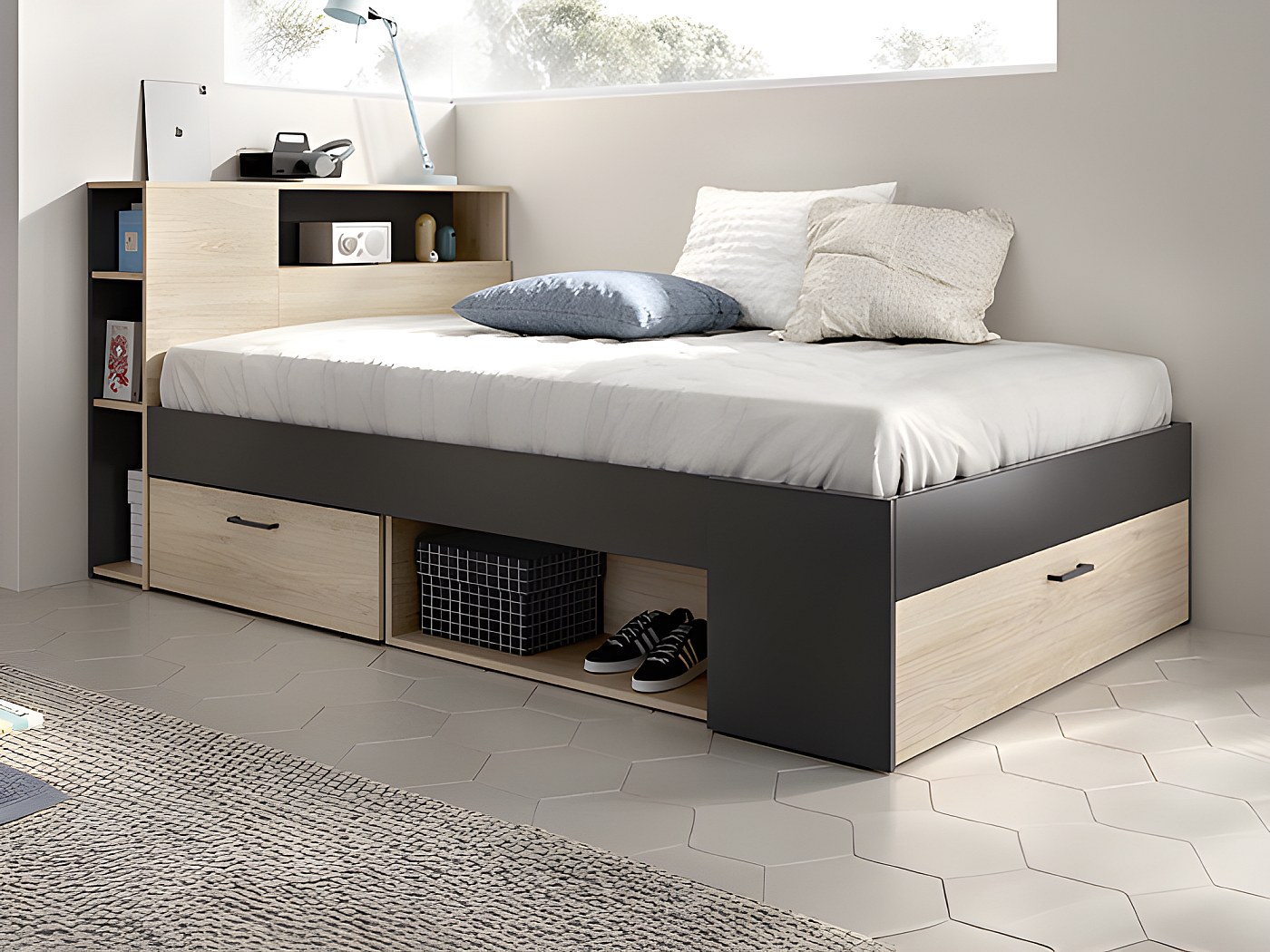 Cama con cabecero y almacenamiento 120 x 190 cm color natural y ...