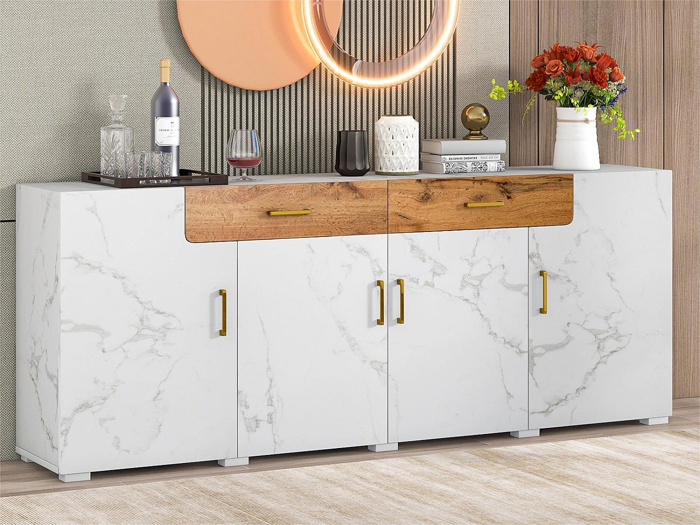 Buffet L 200cm - 4 portes avec 2 tiroirs - Blanc