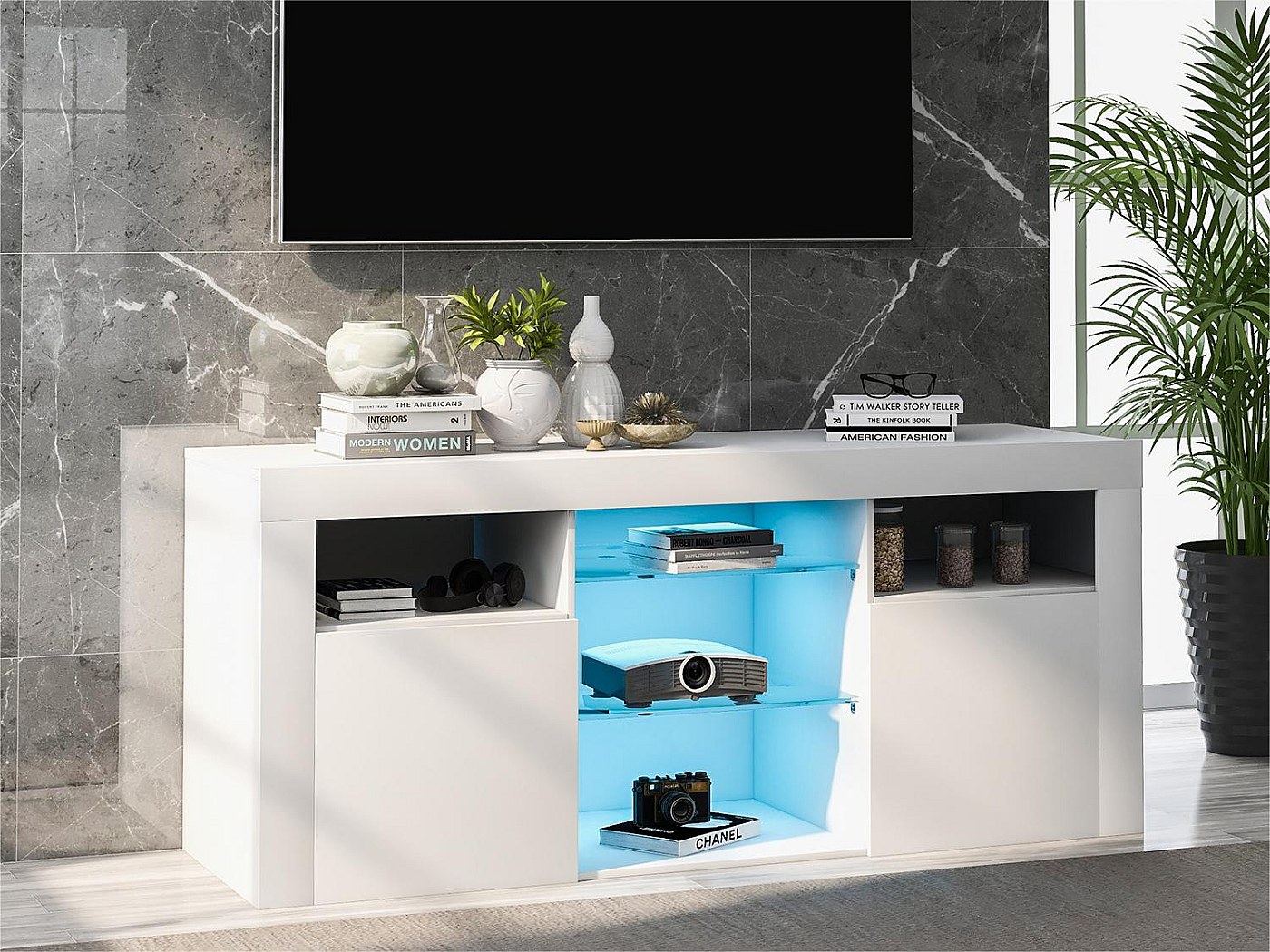 Buffet avec led style moderne avec 2 portes et 5 compartements ouvertes ...