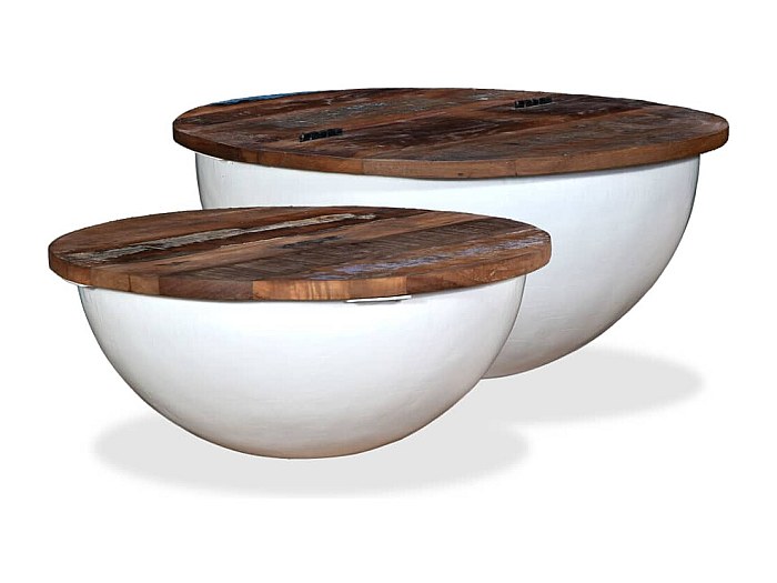 Set mesa de centro forma de bol 2 uds madera reciclada blanco