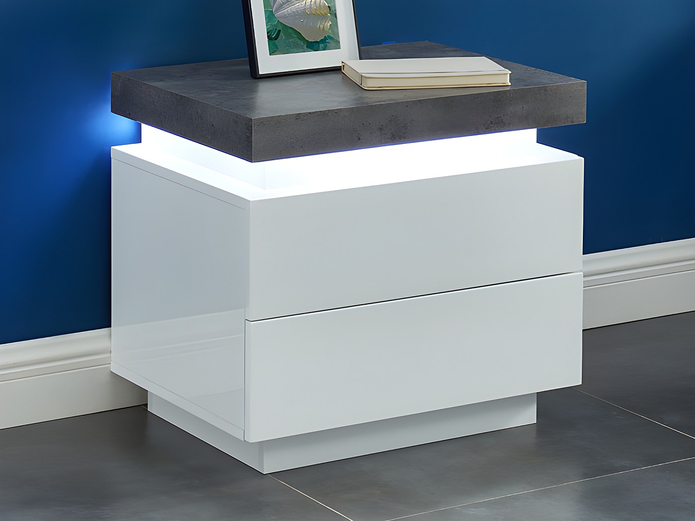 Comodino con 2 cassetti e LED in MDF laccato Bianco e Calcestruzzo ...