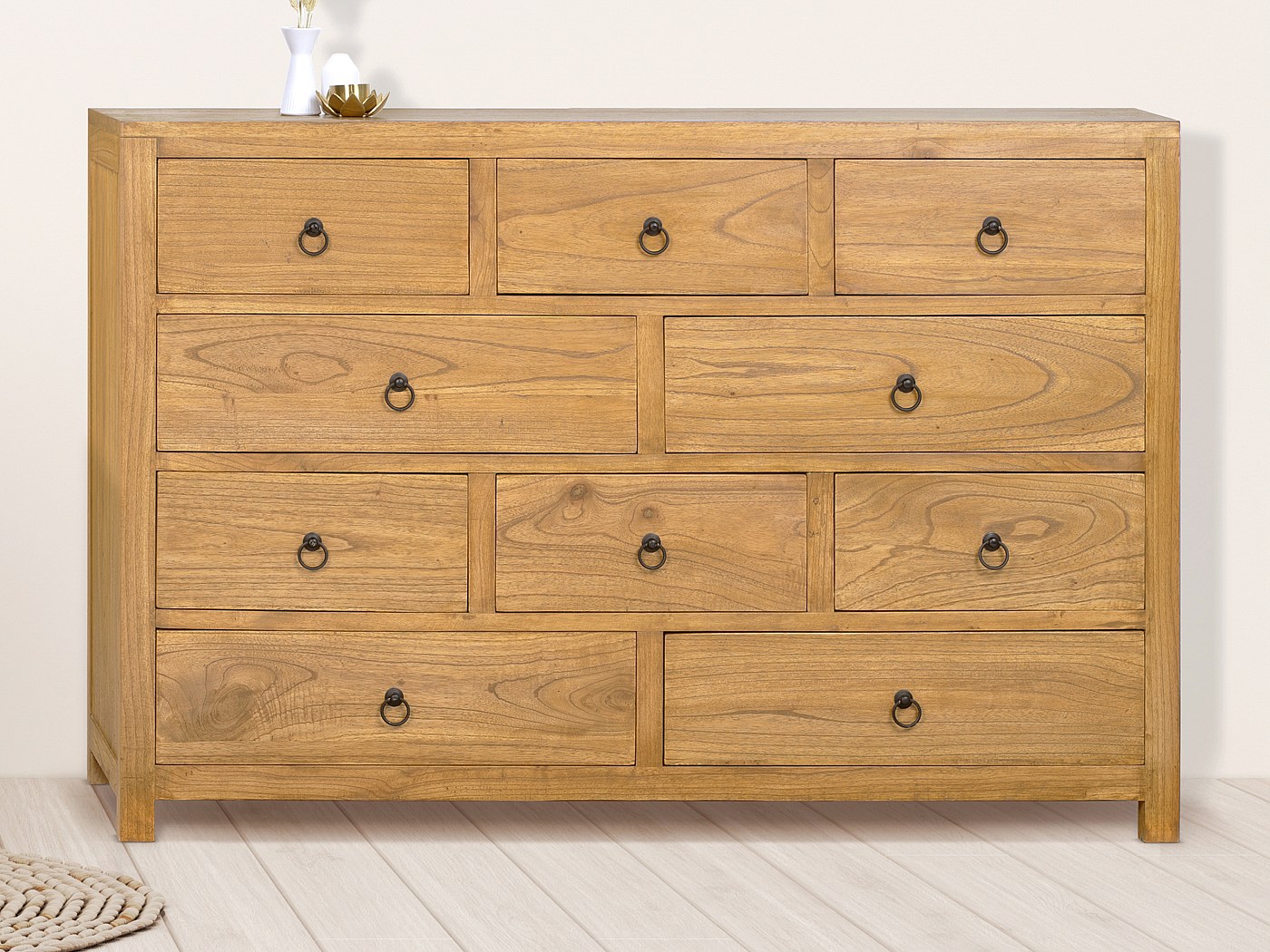 Cómoda con 10 cajones de madera de mindi de color natural - PILABO