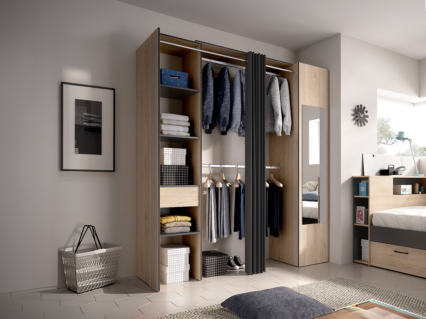 Guardaroba L177 cm con tenda e anta 1 specchio colore Naturale e ...