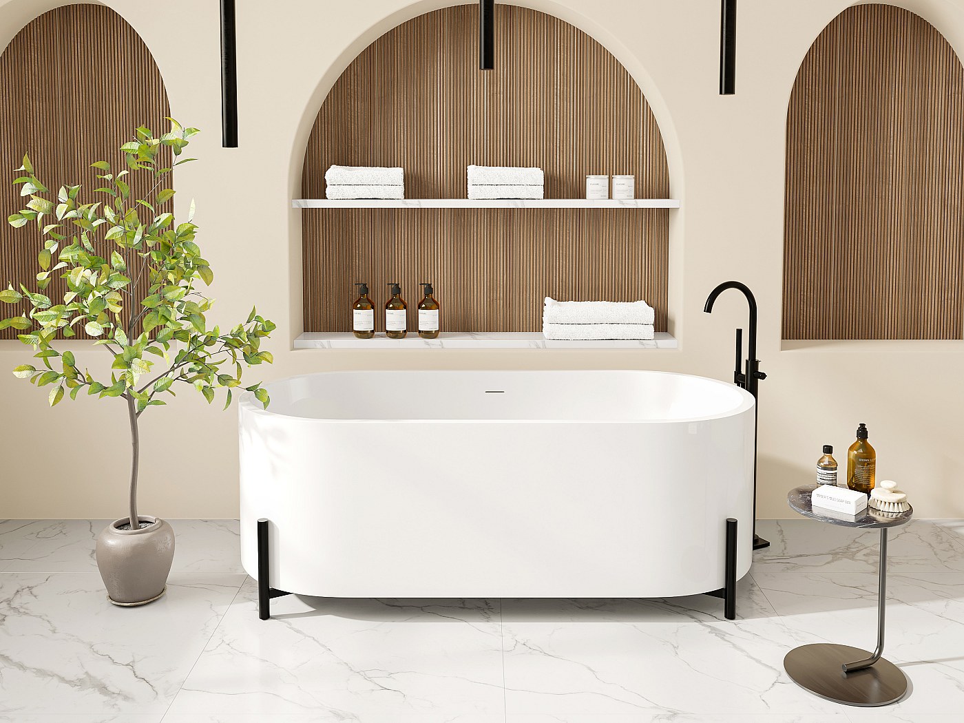 Wit ovaal losstaand bad met zwarte poten - 230 L - 160 x 73,5 x 59 cm ...