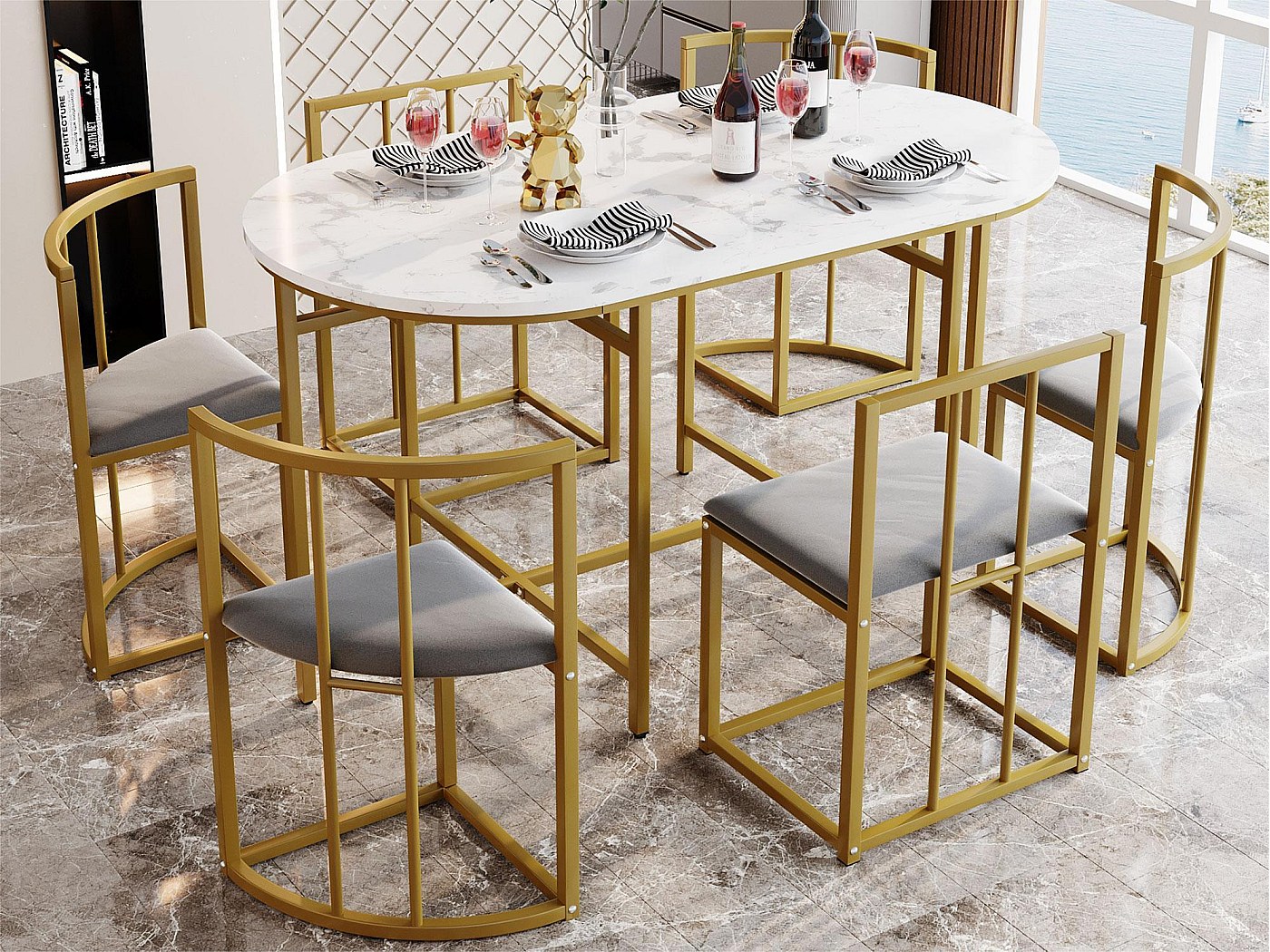 Ensemble table et 6 chaises - chaises avec coussin d'assise et dossier - doré