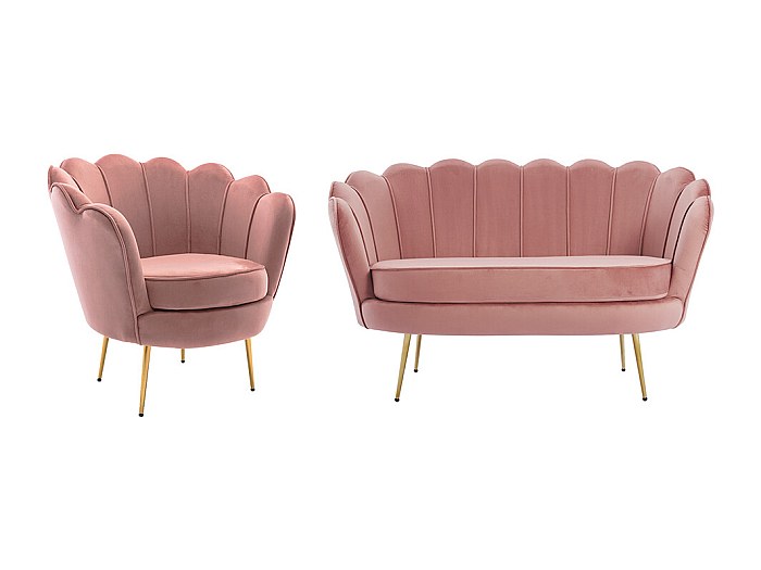 Sofá de 2 lugares e poltrona forma concha veludo cor-de-rosa DANDELION