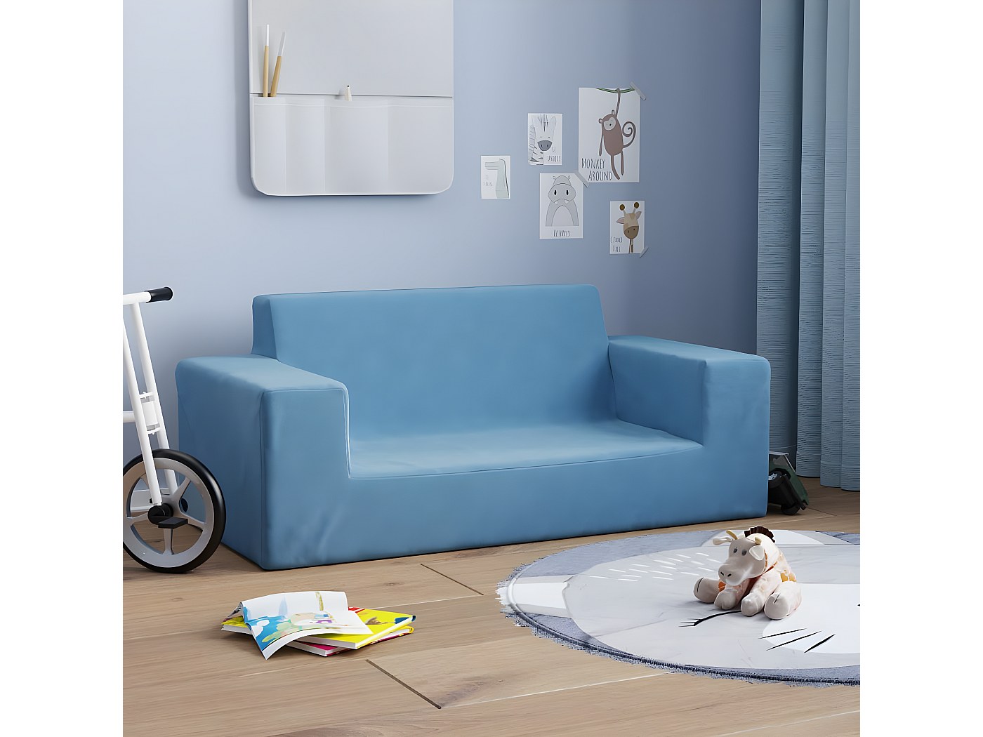Canapé pour enfants à 2 places Bleu Peluche douce