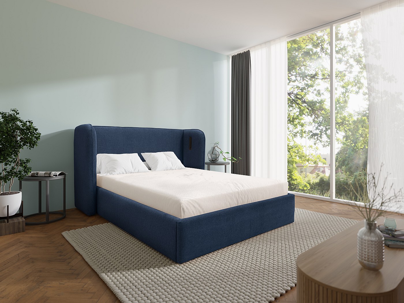 Letto con contenitore 160x200cm testata curva con LED in Tessuto Blu ...