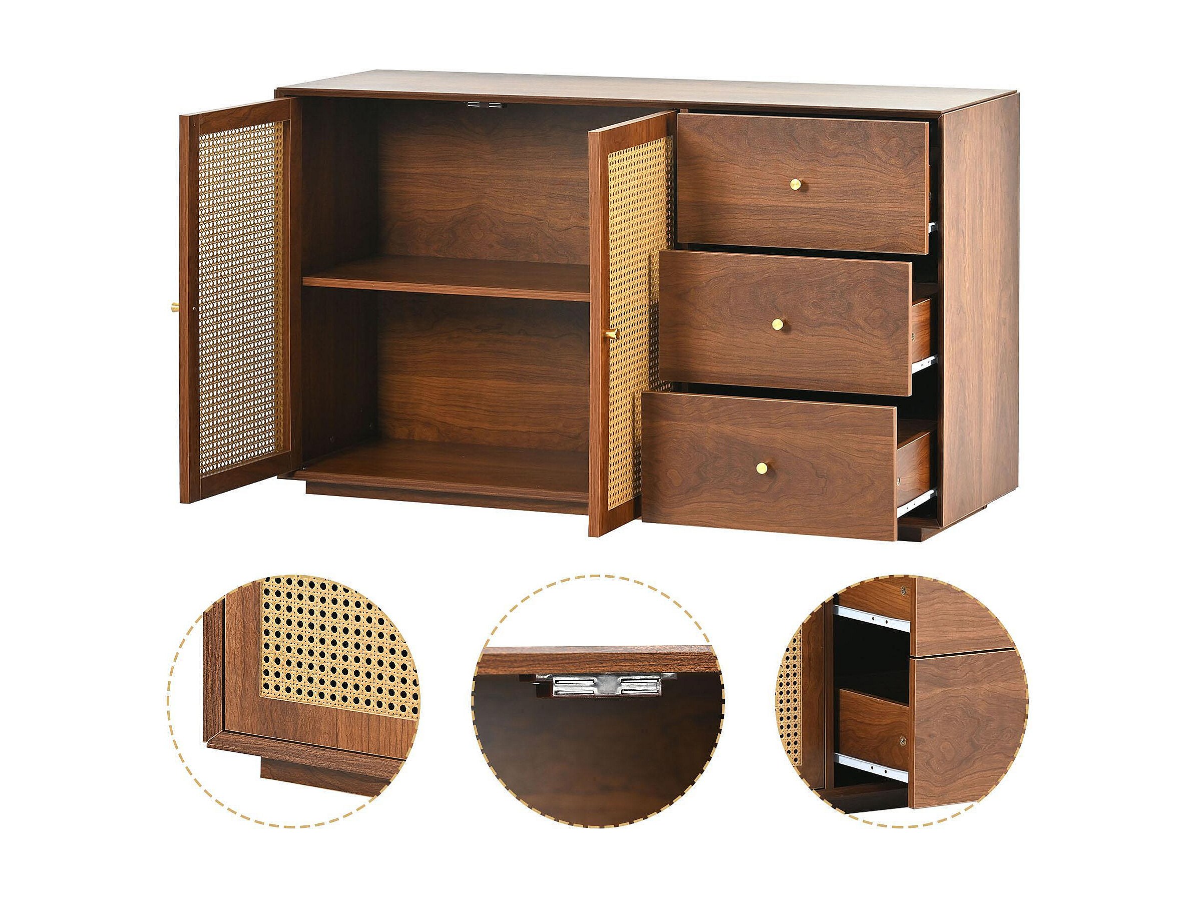 Rattan-Sideboard – mit 2 Schubladen und 3 Türen – braun