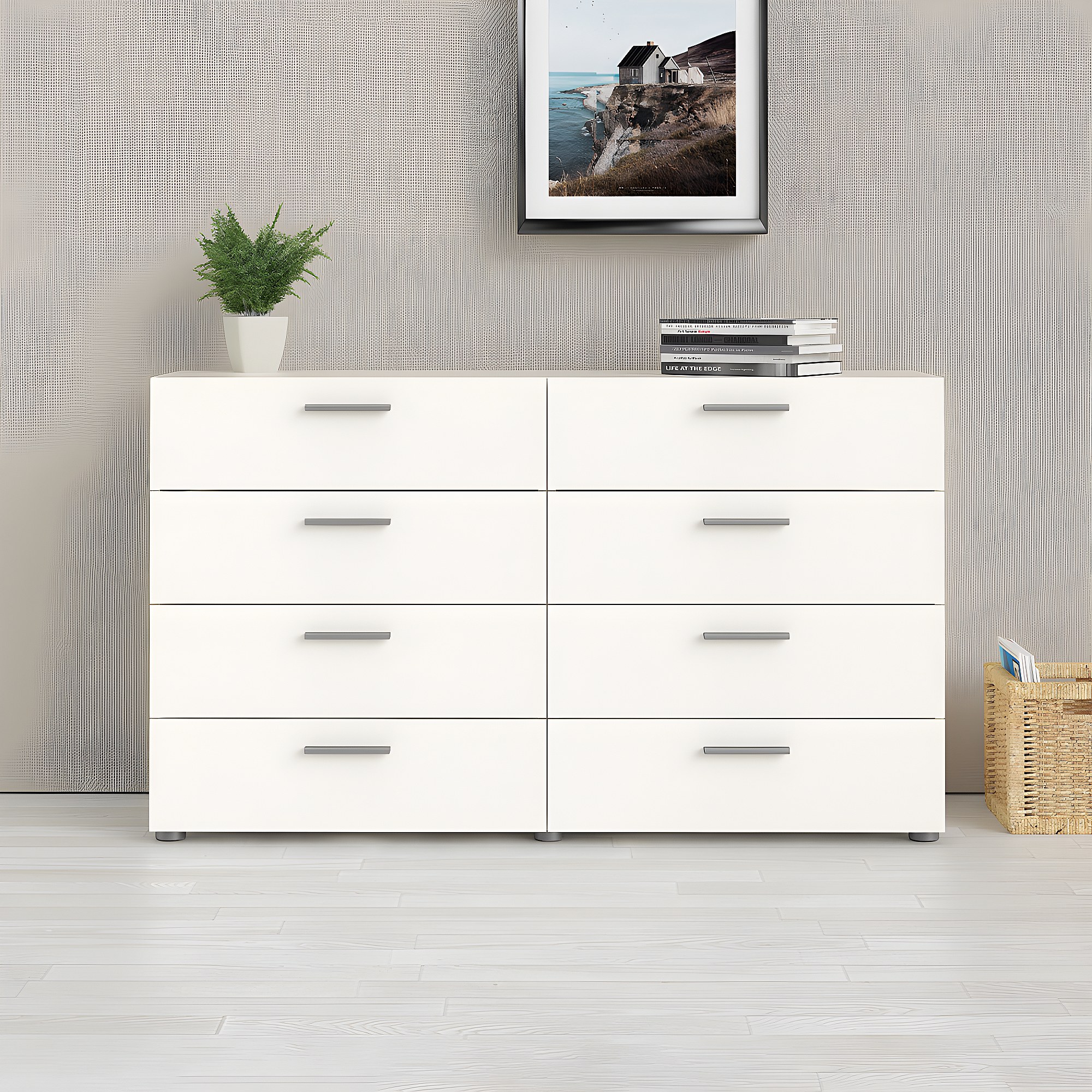 Petra Commode large avec 8 tiroirs, blanc, finition frêne.