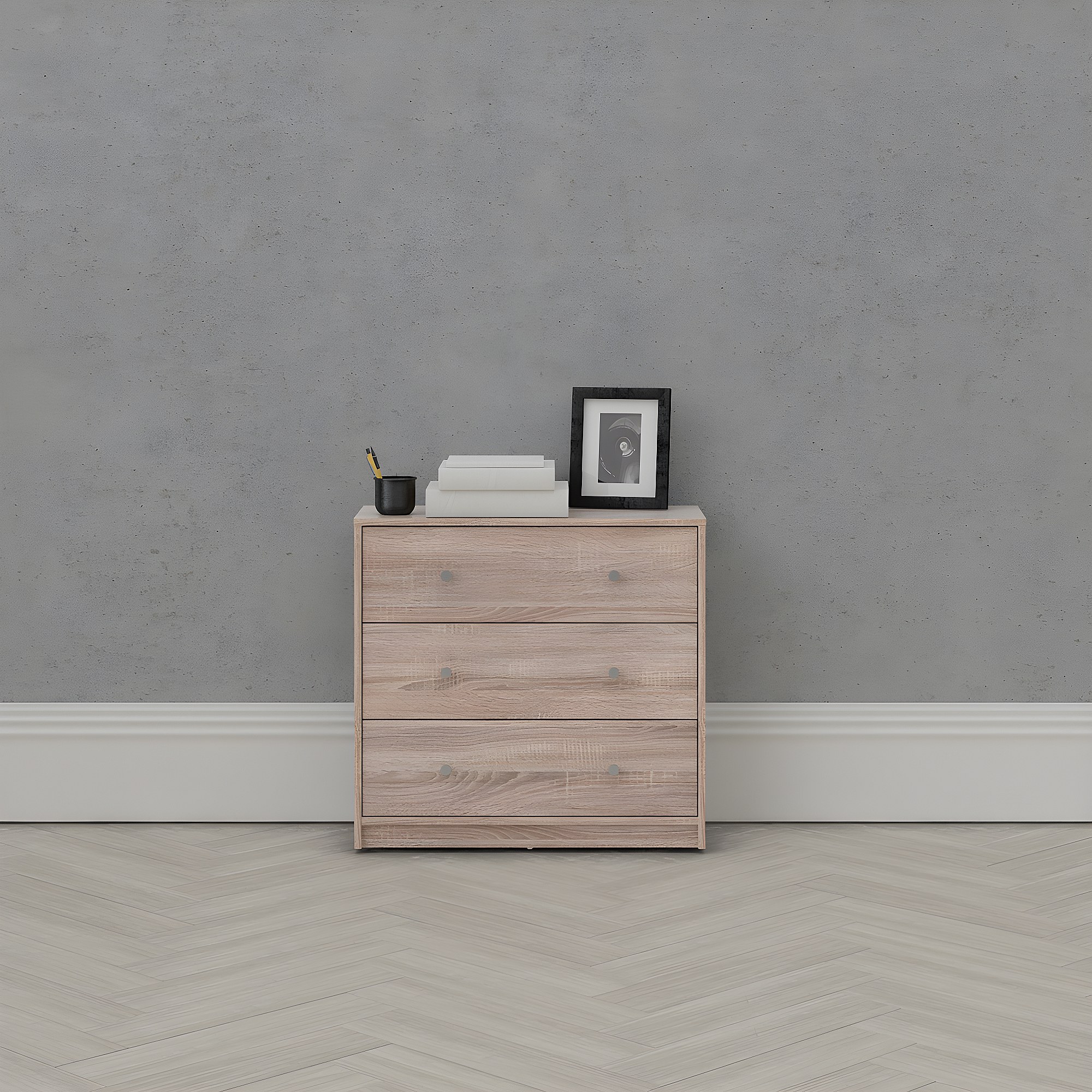 Maria Commode basse avec 3 tiroirs, coloris chêne truffe.