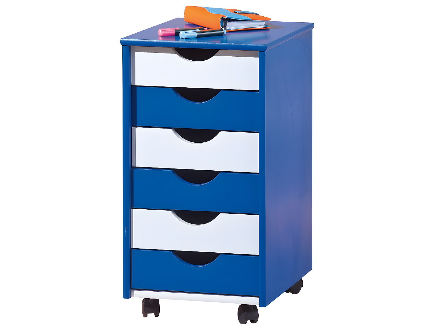 Bepe Kommode Rollcontainer, 6 Schubladen blau, weiss.