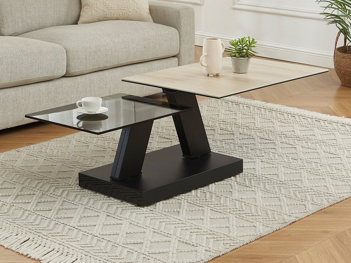 Table basse en céramique, verre trempé fumé et métal - Noir et naturel ...