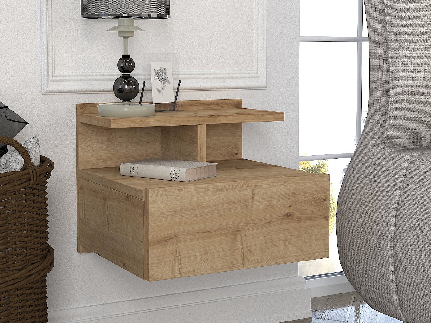 Comodino sospeso con 1 cassetto e 1 ripiano colore naturale AZELNO