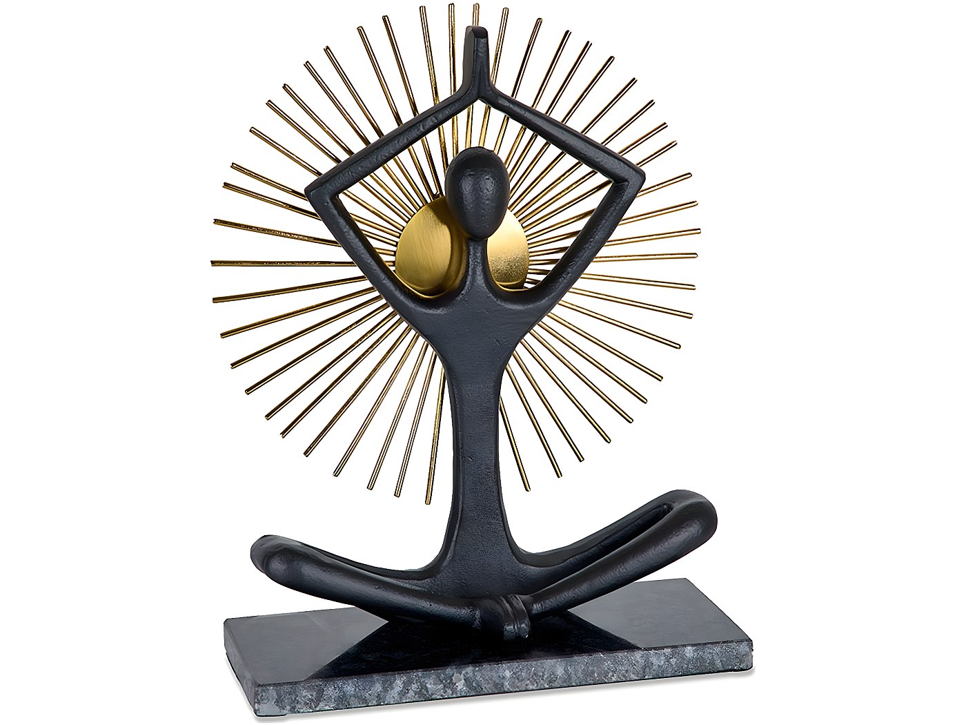 Figura de yoga de diseño sol en metal negro y dorado asana
