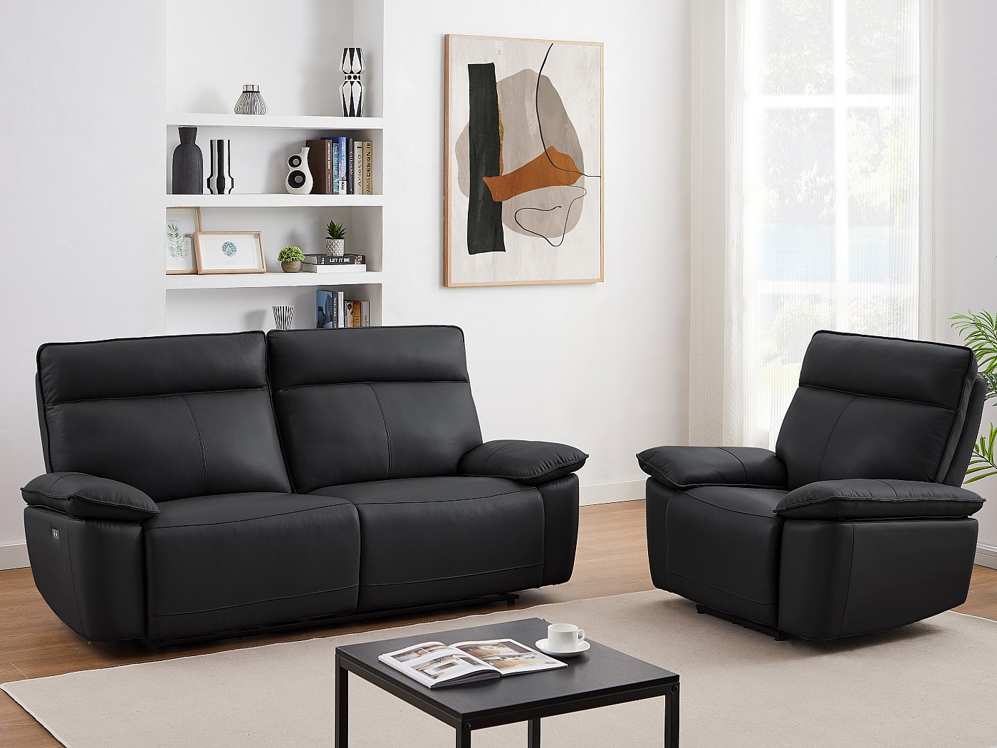 Divano 3 posti e poltrona relax elettrico in Pelle di vacchetta Nera ...