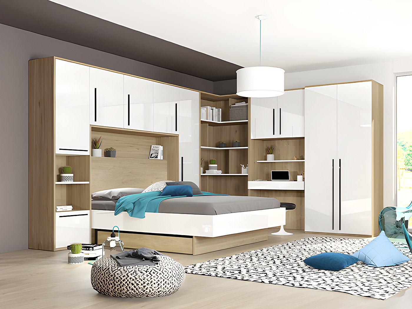 Lit pont 140 x 190 cm avec rangements en coloris naturel et blanc ...