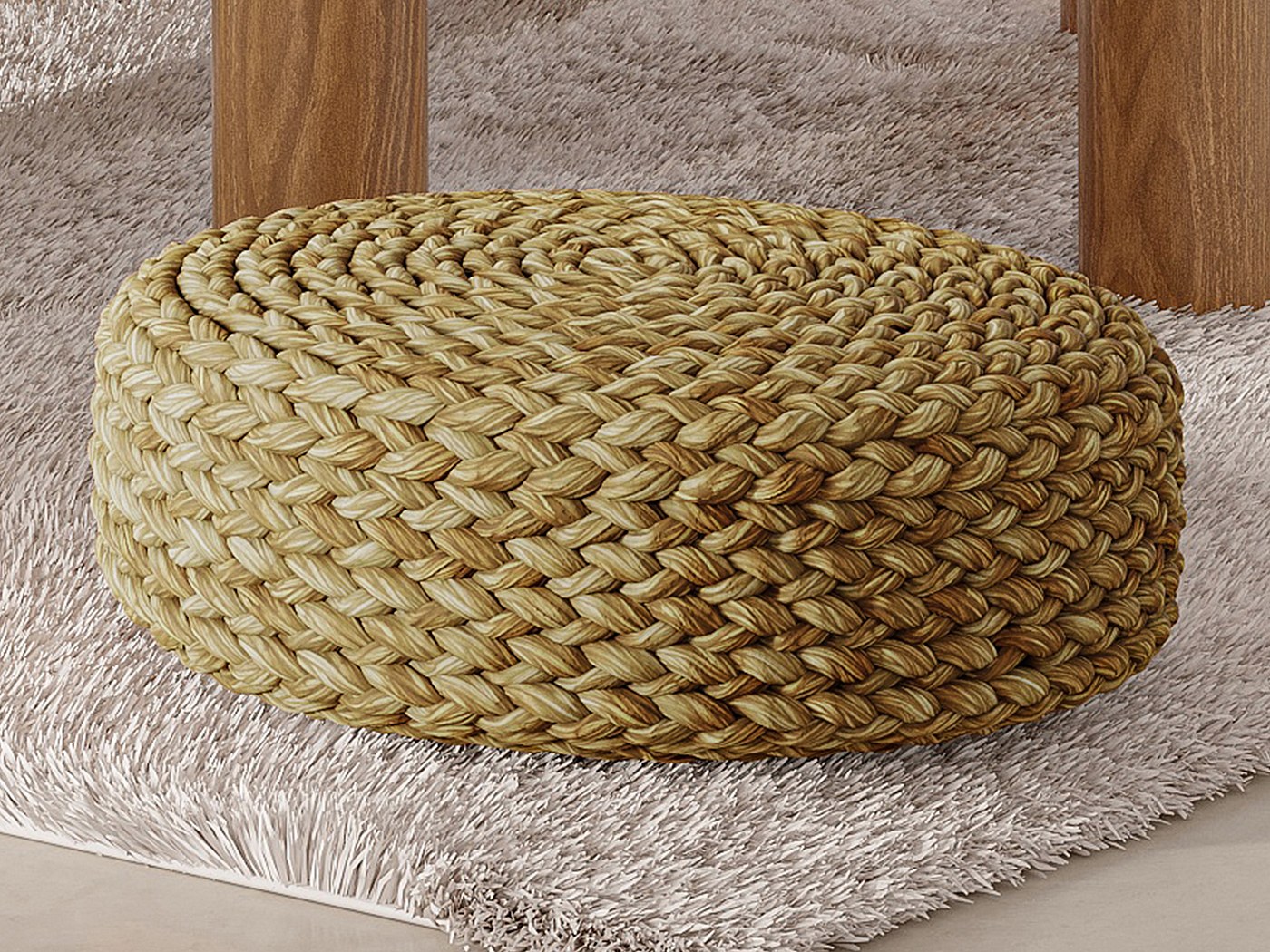 Pouf rond en rotin et fibre naturelle clair MEVIZO