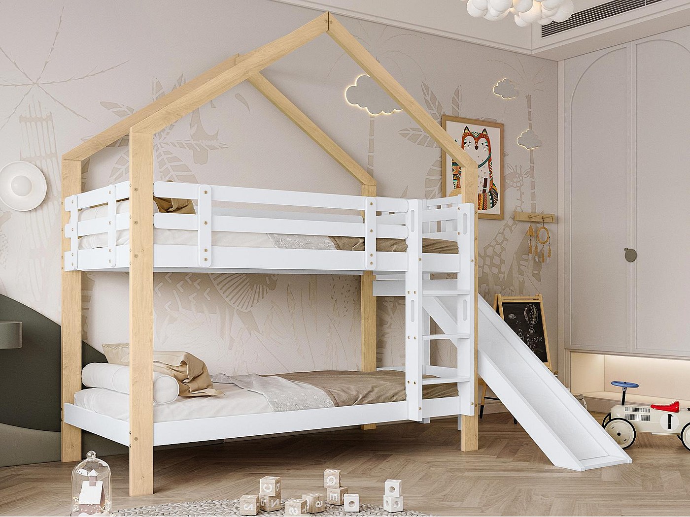 Etagenbett mit Rutsche und Leiter – Rahmen aus massivem Kiefernholz ...