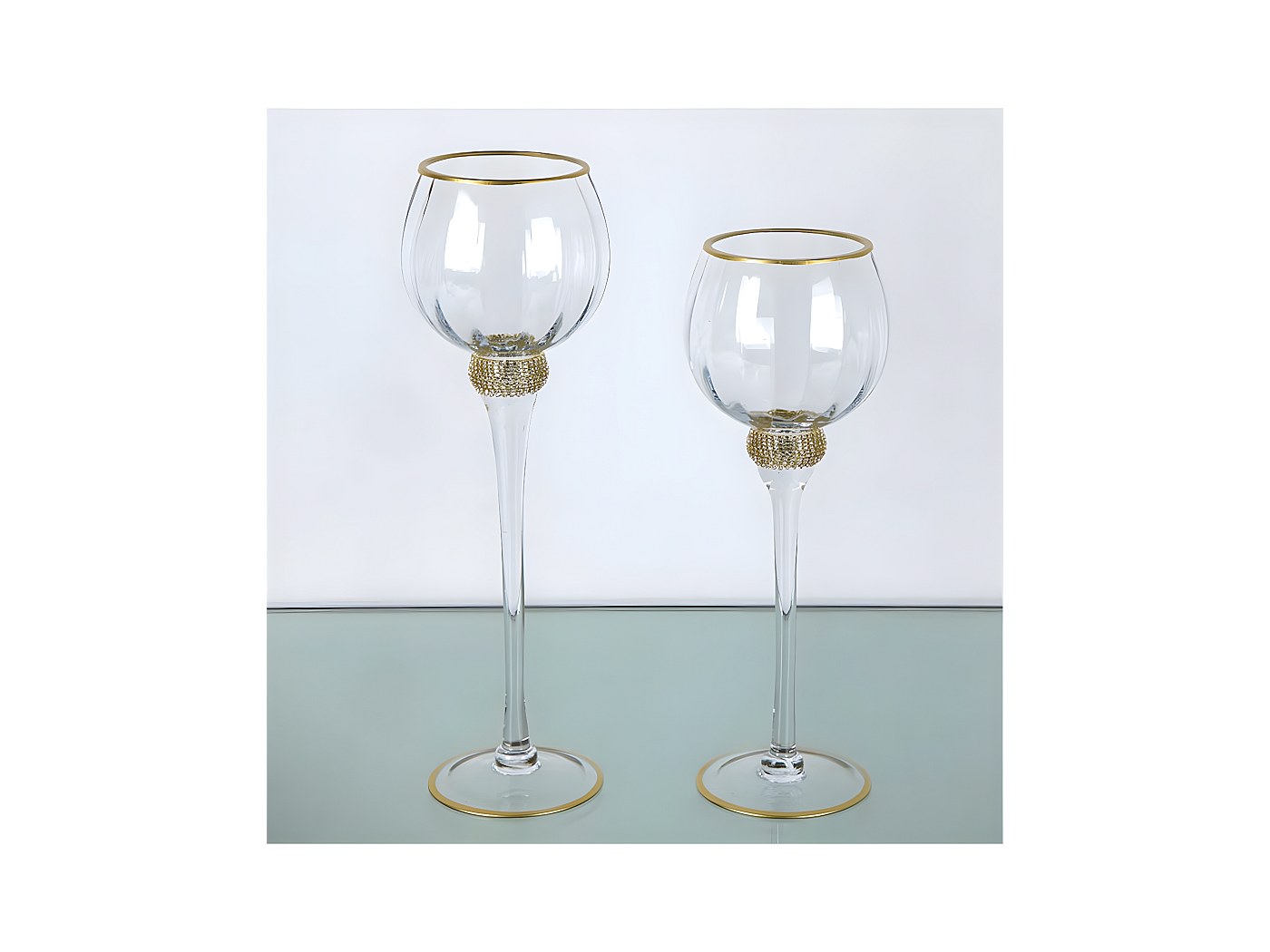 Juego de 2 copas candelero 10*36 y 10*40 cristal liso filo dorado