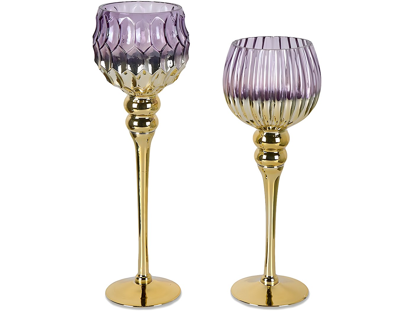 Juego de 2 copas candelero 10*36 y 10*40 cristal morado y dorado